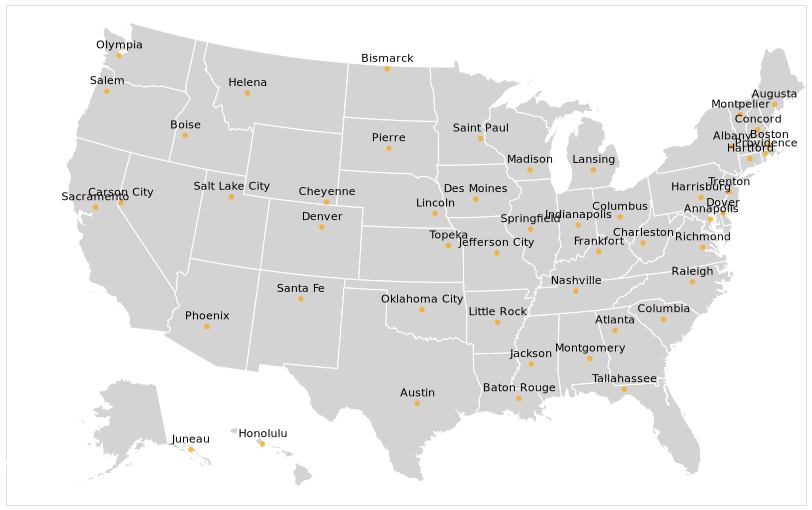 U.S. State Capitals Overlayed on a Map of U.S. | Vega-Lite